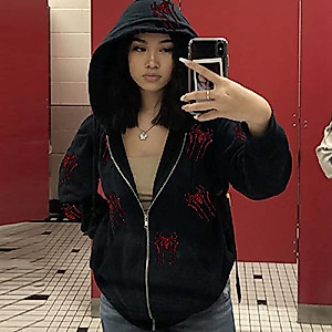 NECHARI Women's Rhinestone Spider Hoodie Y2K Full Zip Jacket Pullover Aesthetics Oversized Casual Sweatshirt