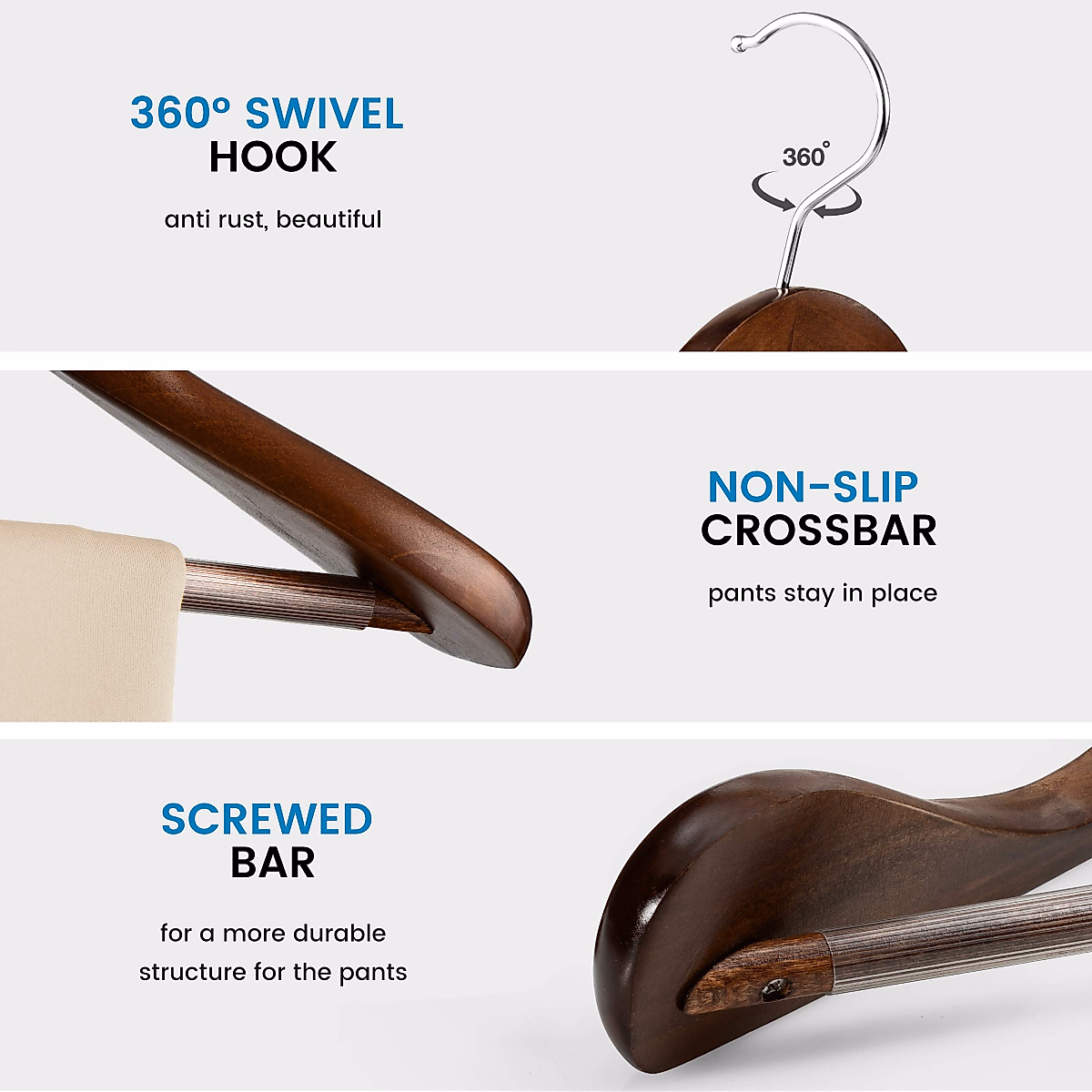 High-Grade Wide Shoulder Wooden Hangers 10 Pack, Non Slip Pants Bar, Smooth Finish Wood Suit Hanger Coat Hanger for Closet, Holds Upto 20lbs, 360° Swivel Hook, for Dress Jacket, Heavy Clothes Hangers