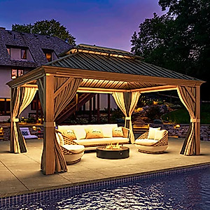 MELLCOM 12' X 14' Hardtop Gazebo, Wooden Finish Coated Aluminum Frame Gazebo with Galvanized Steel Double Roof, Brown Metal Gazebo with Curtains and Nettings for Patios, Gardens, Lawns