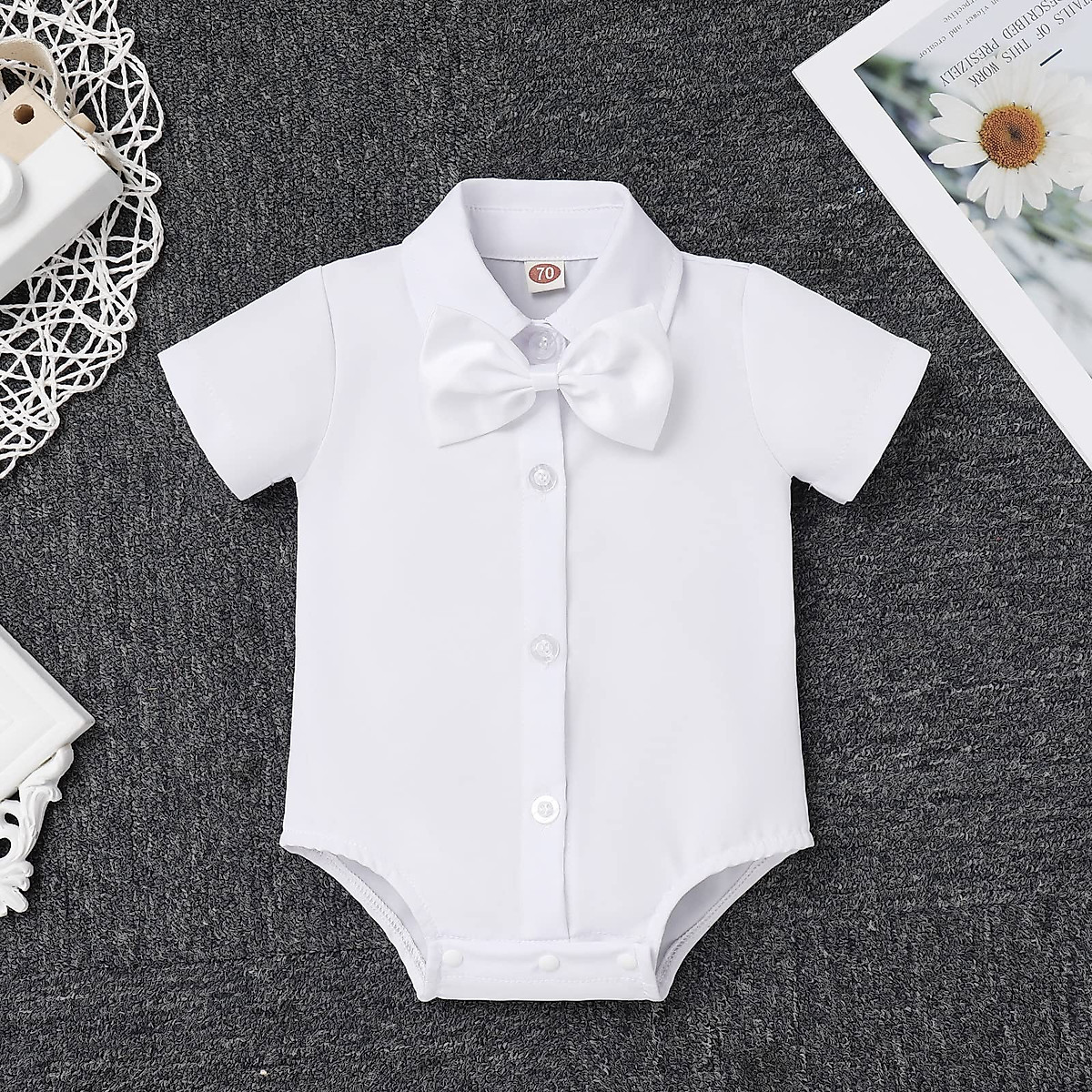 Summer Baptism Outfits for Boys Baby Christening Outfit Gentleman Suit Dedication White Dress Shirt Romper Bowtie Waistcoat Vest Shorts Newborn Baptismal Outfit Wedding Tuxedo Formal Easter 0-6 Months