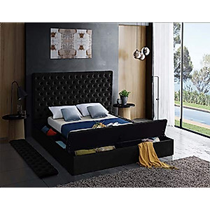 Meridian Furniture Bliss Collection Modern | Contemporary Velvet Upholstered Bed with Deep Button Tufting and Storage Compartments in Rails and Footboard, Black, King