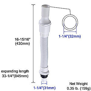 Flexible Drain Pipe, Angle Simple Flexible 1-1/4" Extension Hose Tail Pipe, Bathroom Sink Expanded Tube, Lavatory Sink Tailpiece, Vessel Sink Extension Drain Pipe, Length of 16-15/16" to 33-1/4"