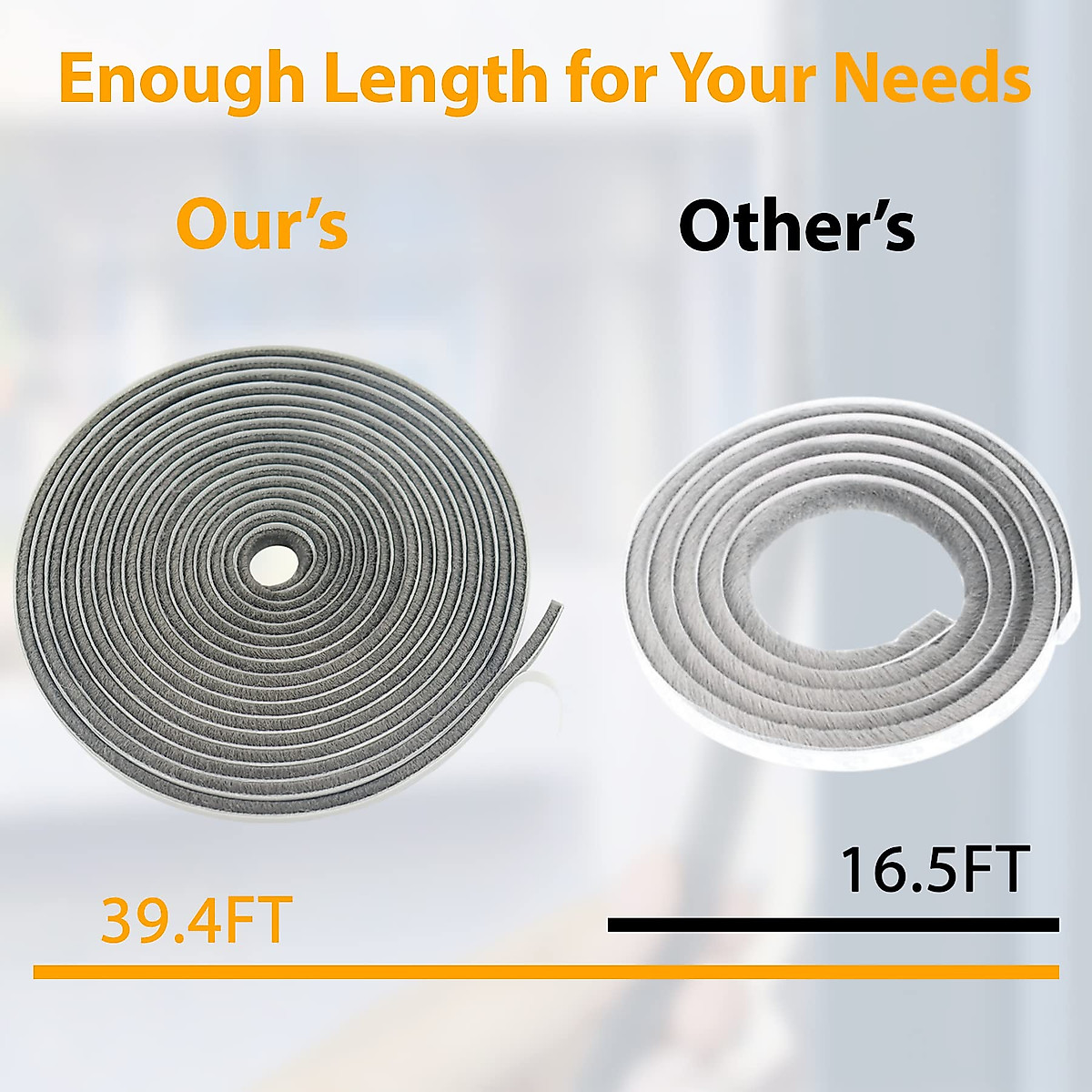 39.4FT Brush Weather Stripping, Neat Pile Self Adhesive Seal Strip for Windows and Door, Weatherstrip for Soundproofing, Windproof, Dustproof, Stronger Stickiness, 0.35'' Wide x 0.2'' Thick, Grey