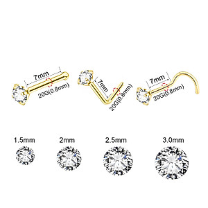 DAILI 20G Gold Nose Rings Studs: Surgical Steel L Shaped Nose Studs Hypoallergenic Corkscrew Nose Rings Tiny CZ Bone Nose Rings for Women Men (12Pcs) (Gold)