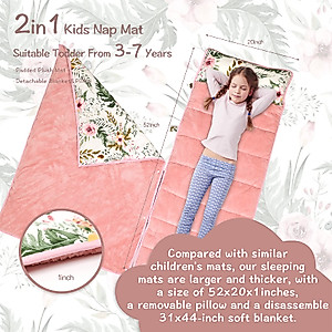 Dad-Baby Toddler Nap Mat with Removable Blanket and Pillow, Extra Large Rolled Napping Mats,Toddler Sleeping Bag,Kids Sleeping Bag for Daycare,Nap Mats for Preschool(Flower Pattern)