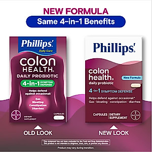 Phillips’ Colon Health Daily Probiotic Capsules, 4-in-1 Symptom Defense to help defend against Occasional Gas, Bloating, Constipation, and Diarrhea, Daily Supplement, 60 Count
