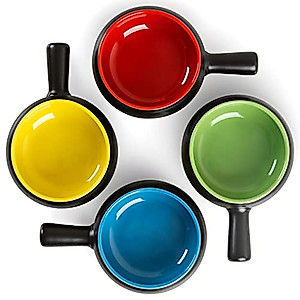 French Onion Soup Bowls with Handles, Set of 4, Colorful Ceramic Dishware for Chicken Noodle, Stew, Chili, and Hot Meals, Microwave, Oven, and Dishwasher Safe Large Soup Crocks, 15oz