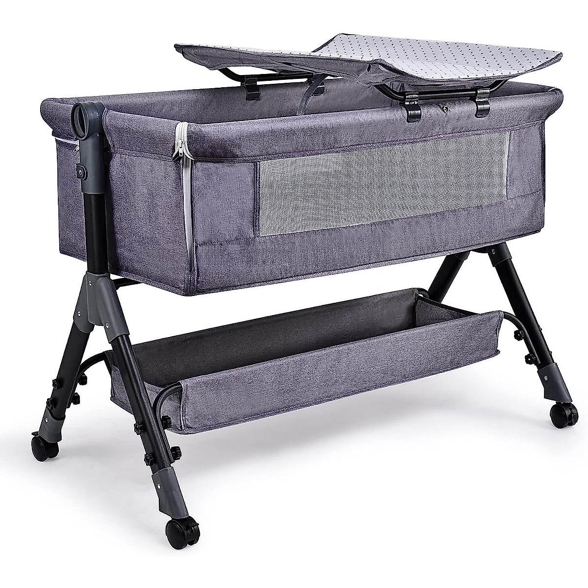 Bellababy Bedside Bassinet, Bedside Sleeper, Bedside Crib with Changing Table, Easy Folding Portable Crib, Adjustable Portable Bed for Infant/Newborn (Dark Grey)