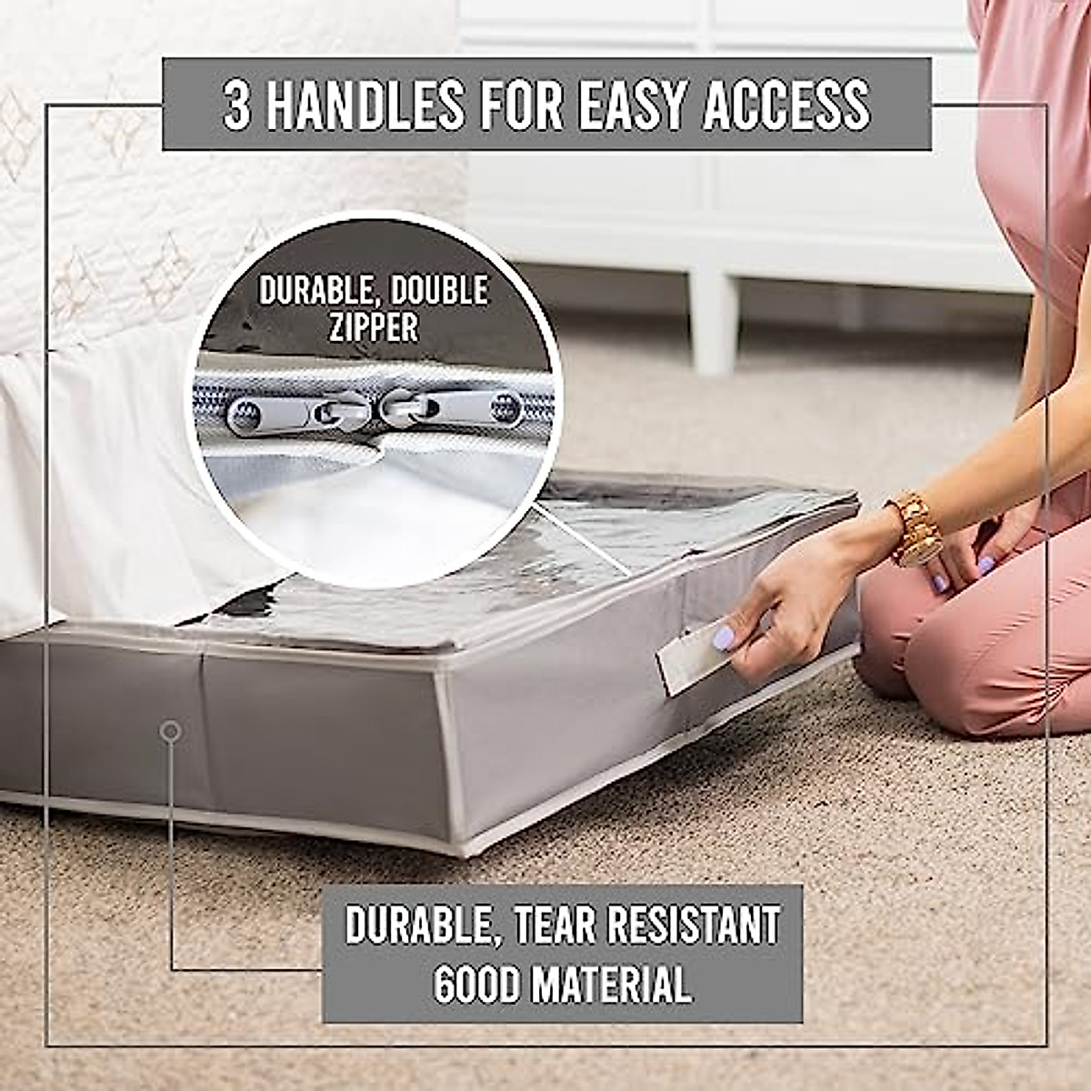 Under Bed Shoe Storage Organizer - Set of 2 – TEAR-RESISTANT Heavy Duty 600D Material - Shoe Organizer Under Bed - Fits Men's and Women's Shoes, High Heels, and Sneakers - Up to 32 Pairs - Extra-Strong Zipper - Grey - Perfect for College Dorms