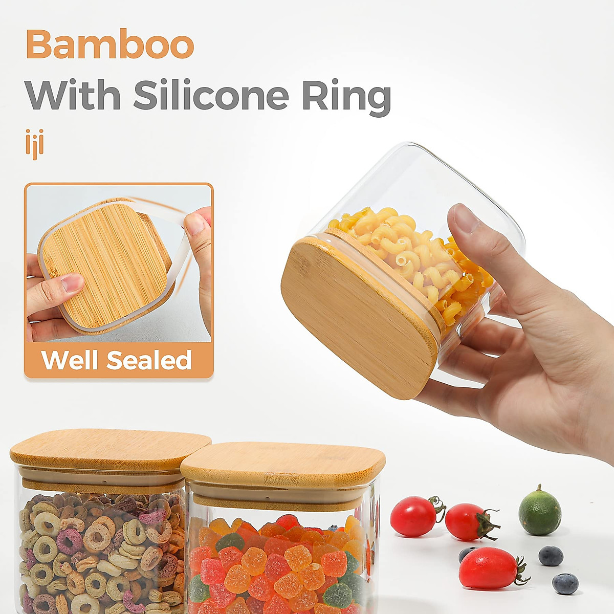 ComSaf 20 oz Glass Food Storage Jars Set of 6, Clear Storage Containers with Airtight Bamboo Lid, Pantry Organization Jar, Spice, Blooming Tea, Coffee and Sugar Container, Canister Set for Kitchen