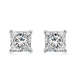 Jewelili 14K White Gold with 3/8 Cttw Princess Cut Diamond Stud Earrings