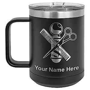 LaserGram 15oz Vacuum Insulated Coffee Mug, Barber Shop Pole, Personalized Engraving Included (Black)