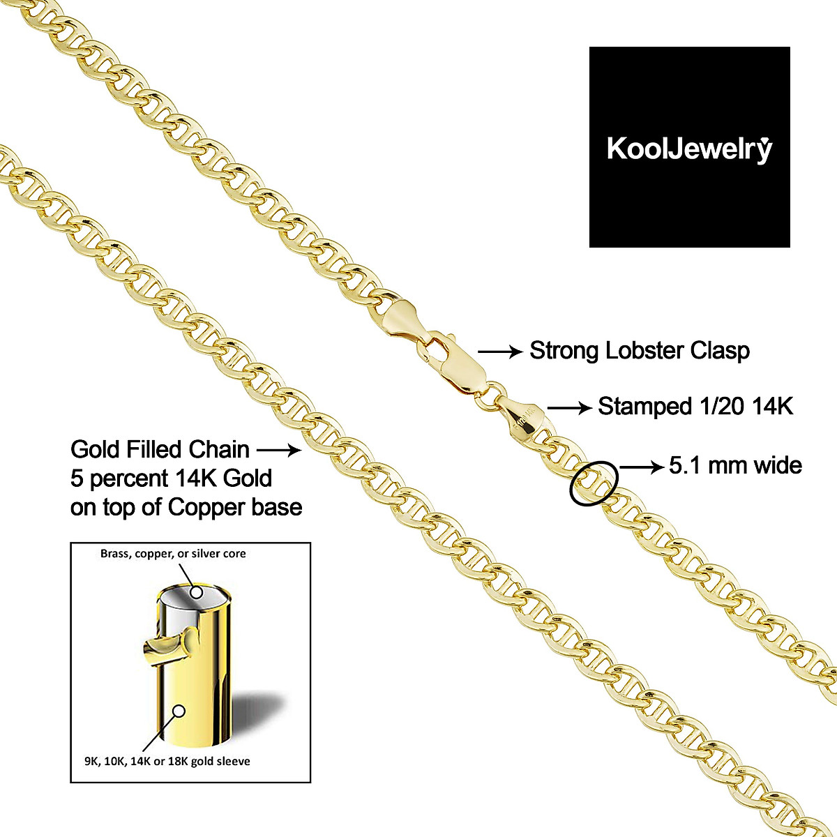 Solid 14k Yellow Gold Filled Mariner Link Chain Necklace (5.1 mm, 22 inch)