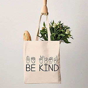 G2TUP ASL American Sign Language Gift ASL Be Kind Sign Reusable Canvas Tote Bag ASL Teacher Thank You Gift Shopping Handbag (ASL Be Kind Handbag)