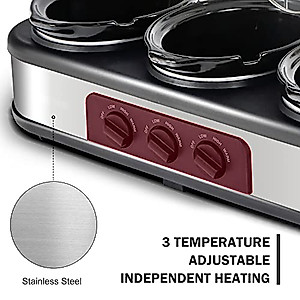 Triple Slow Cooker with Lid Rests, Breakfast Buffet Servers and Warmers with 3 X 1.5Qt, Tempered glass lids & 3 Adjustable Temp, Dishwasher Safe, Stainless Steel