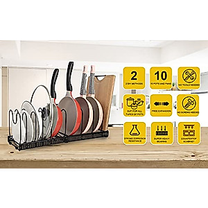 Pots and Pans Organizer Lid Organizer Dishes Bakeware Storage Rack Expandable Black Rack Holder with 10PCS Adjustable Compartment for Kitchen Cabinet Cupboard Drawer Counter