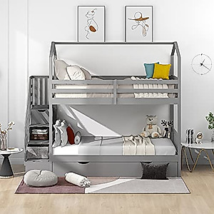 DEYOBED Twin Over Twin Wooden Bunk Bed with Storage Staircase for Kids and Teens