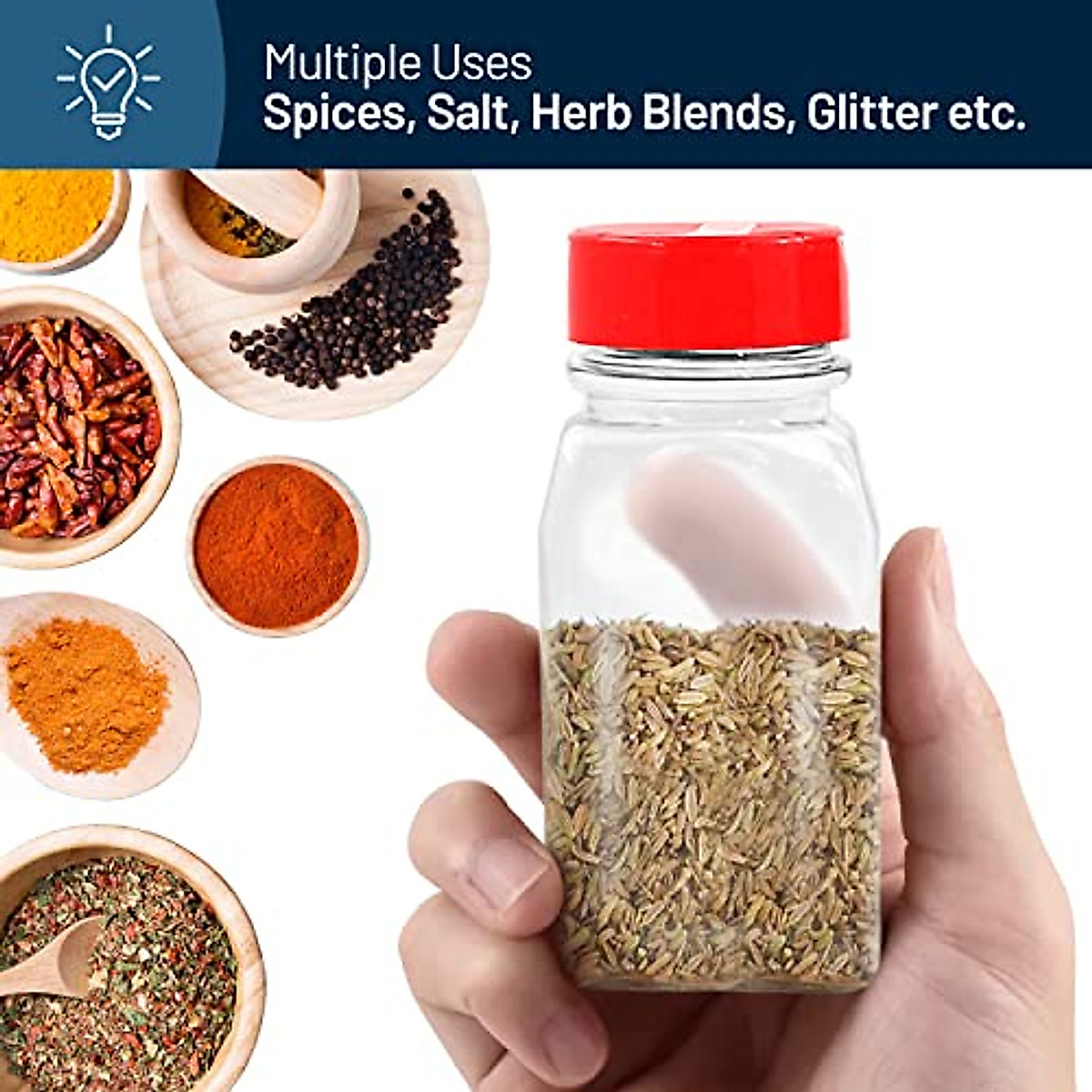 RoyalHouse 6 Pack 9.5 Oz Plastic Spice Jars with Red Cap, Clear and Safe Plastic Bottle Containers with Shaker Lids for Storing Spice, Herbs and Seasoning Powders, BPA Free, Made in USA