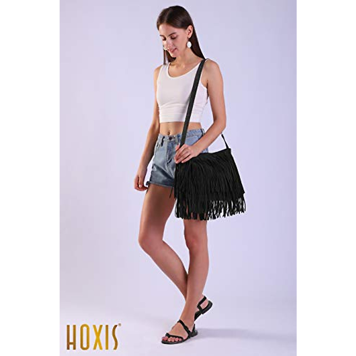 HOXIS Tassel Faux Suede Leather Hobo Cross Body Shoulder Bag Womens Sling Bag (Black1)