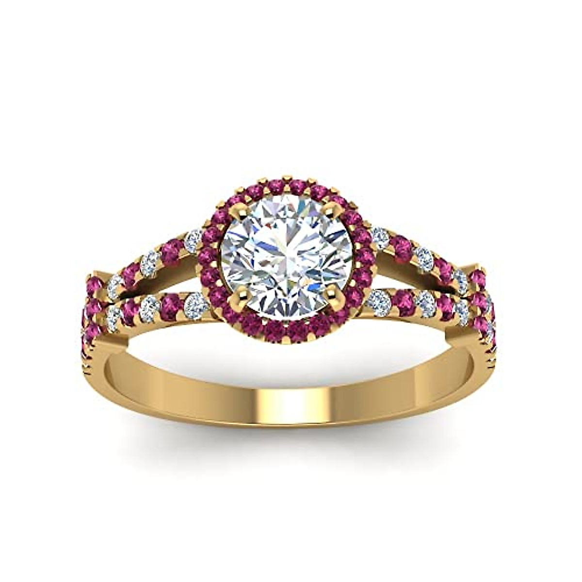 55Carat French Cut Floating Halo Ring yellow gold plated Created Pink Sapphire Round shape Pink color Split Shank Engagement Ring prong Setting in Size 4 Handcraft Chakra Healing