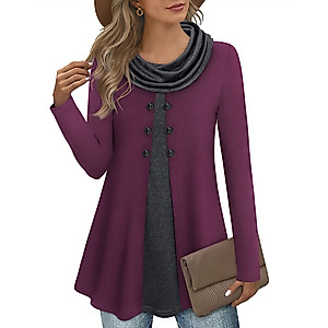 Bebonnie Fall Tops for Women 2025 Trendy,Petite Long Sleeve Cowl Neck Warm Splicing Tunic Tops with Buttons Magenta Grey Small