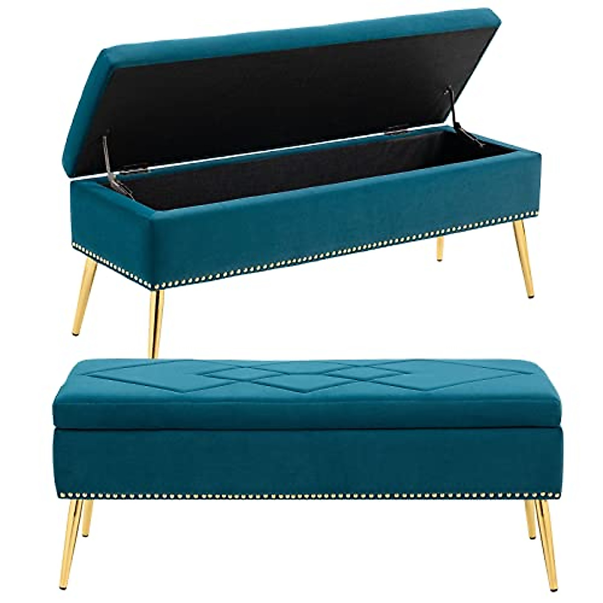 MOJAY Modern Velvet Storage Ottoman Bench, Upholstered Footrest with Rivet Decoration Table Dining Stool with Golden Legs for Entryway Dining Room Living Room Bedroom (Dark Green)