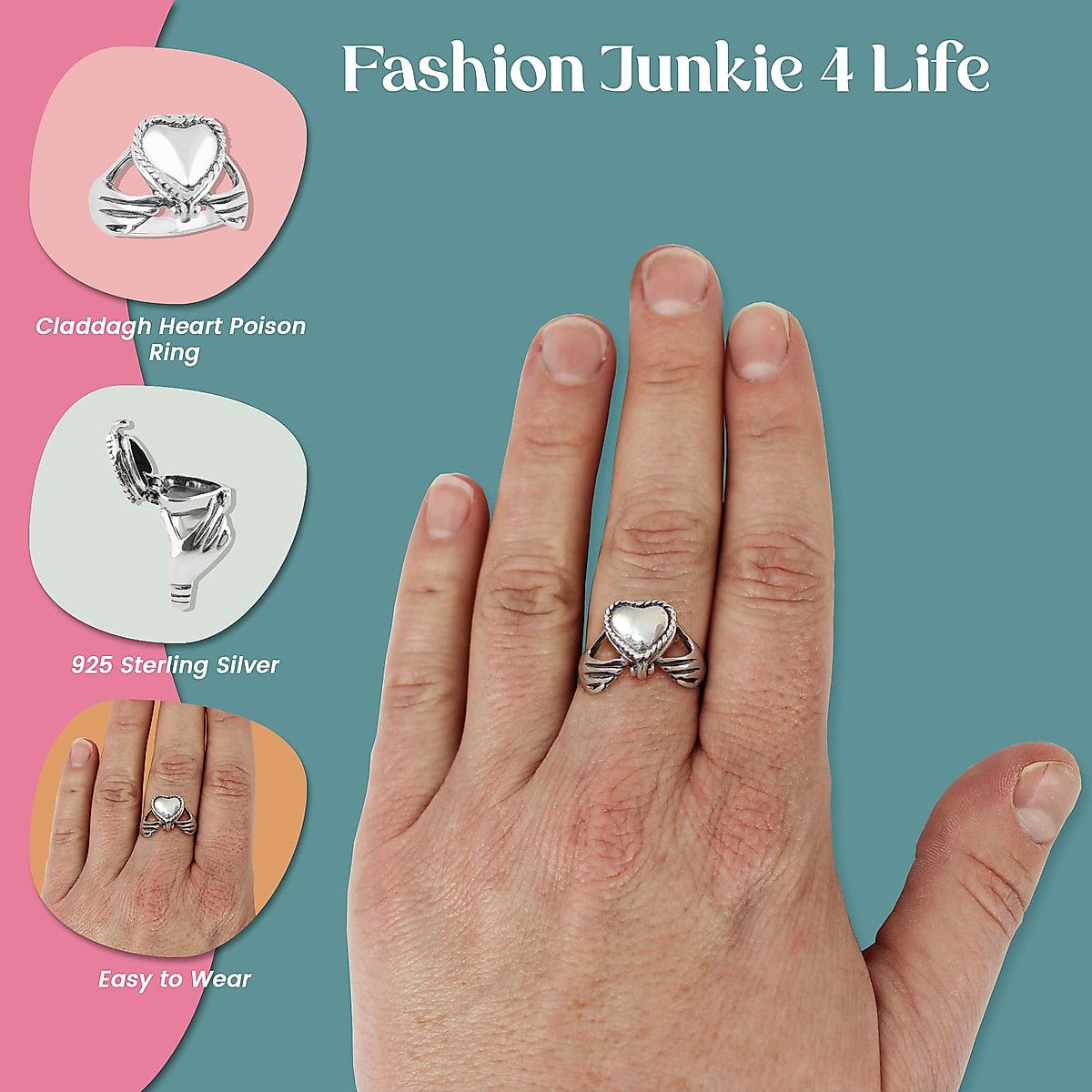 FashionJunkie4Life Claddagh Heart Poison Ring - 925 Sterling Silver, Sizes 5-10, Pillbox Ring (9)