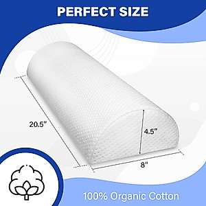 Back Pain Relief Memory Foam Pillow - Half Moon Bolster Knee Pillow for Side, Back, Stomach Sleepers - Semi Roll Round Lumbar Leg Wedge - Reduce Neck Spine Back Hip Ankle Stress - Organic Cotton Cover