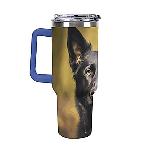 40 Oz Vacuum Tumbler with Deep Blue Handle Leakproof Insulated Tumbler Black German Shepherd Dog Stainless Steel Travel Mug with Lid And Straw Coffee Cup Cute Water Bottles Cup Holder Friendly