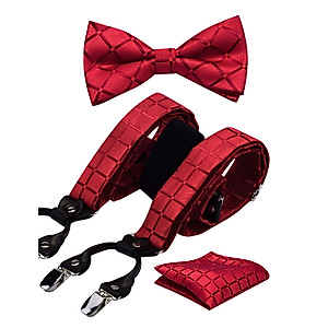 GUSLESON Mens Wedding Red Suspenders Pre-tied Bow Tie and Pocket Square Set Male Plaid Adjustable Tuxedo Suspender (0102-13)