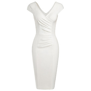 MUXXN Ladies Cut Out Neck High Stretch Pleated Wear to Work Midi Office Dress with Sleeve (Off White L)