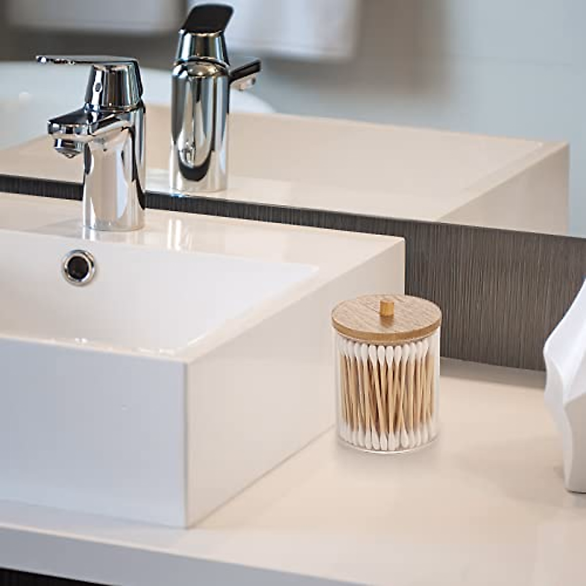 4 Pack Qtip Holder, Apothecary Jars with Lids, Q tip Holder Dispenser for Cotton Ball, Cotton Swab, Cotton Round Pads, Floss - 10 oz Acrylic Cotton Ball Holder Bathroom Organizer Bathroom Jars (4Pack Q tip Dispenser)