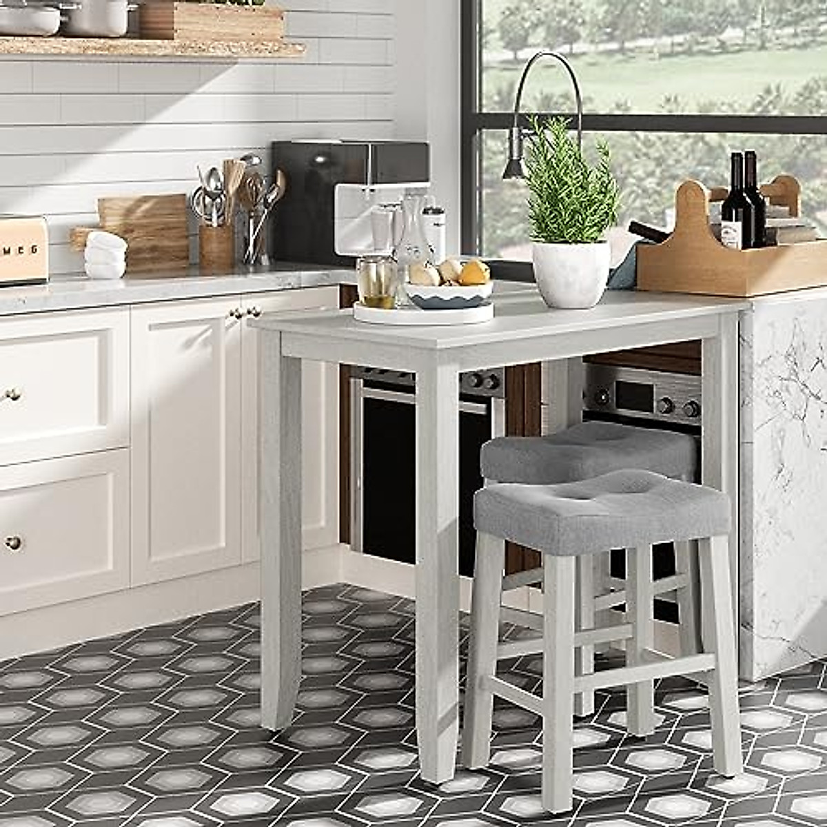 Nathaniel Home 3 Piece Counter Height Table Chairs Set, Kitchen Dining Room Sets Furniture One Bench and Two Saddle Stools with Upholstery pad, Antique White