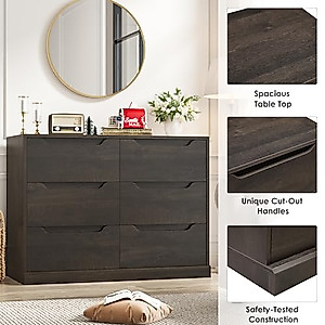 HOSTACK Modern 6 Drawer Dresser for Bedroom, Double Chest of Drawers with Storage, Large Wooden Storage Dresser Organizer with Cut-Out Handle, Accent Storage Cabinet for Living Room, Dark Brown