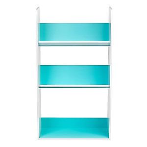 IRIS USA 3-Shelf Angled Bookshelf for Children, Short Inward Slant Bookcase Furniture for Kids Room Playroom Nursery to Safely Store and Organize Books Games Toys and Small Items, White and Blue
