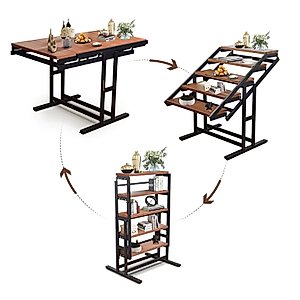 Brefhome Convertible Kitchen Table for Small Spaces,Space Saving Dining Table,Mahogany Transforming Table,Multipurpose Shelf Display Rack