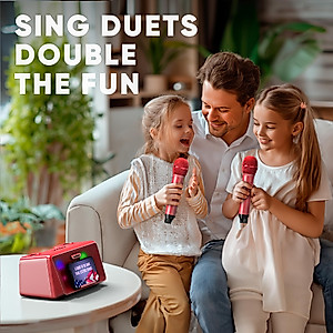 MASINGO Karaoke Machine for Adults and Kids with 2 Wireless Microphones, Portable Bluetooth Singing Speaker, Colorful LED Lights, PA System, Lyrics Display Phone Holder, and TV Cable. Presto G2 Pink