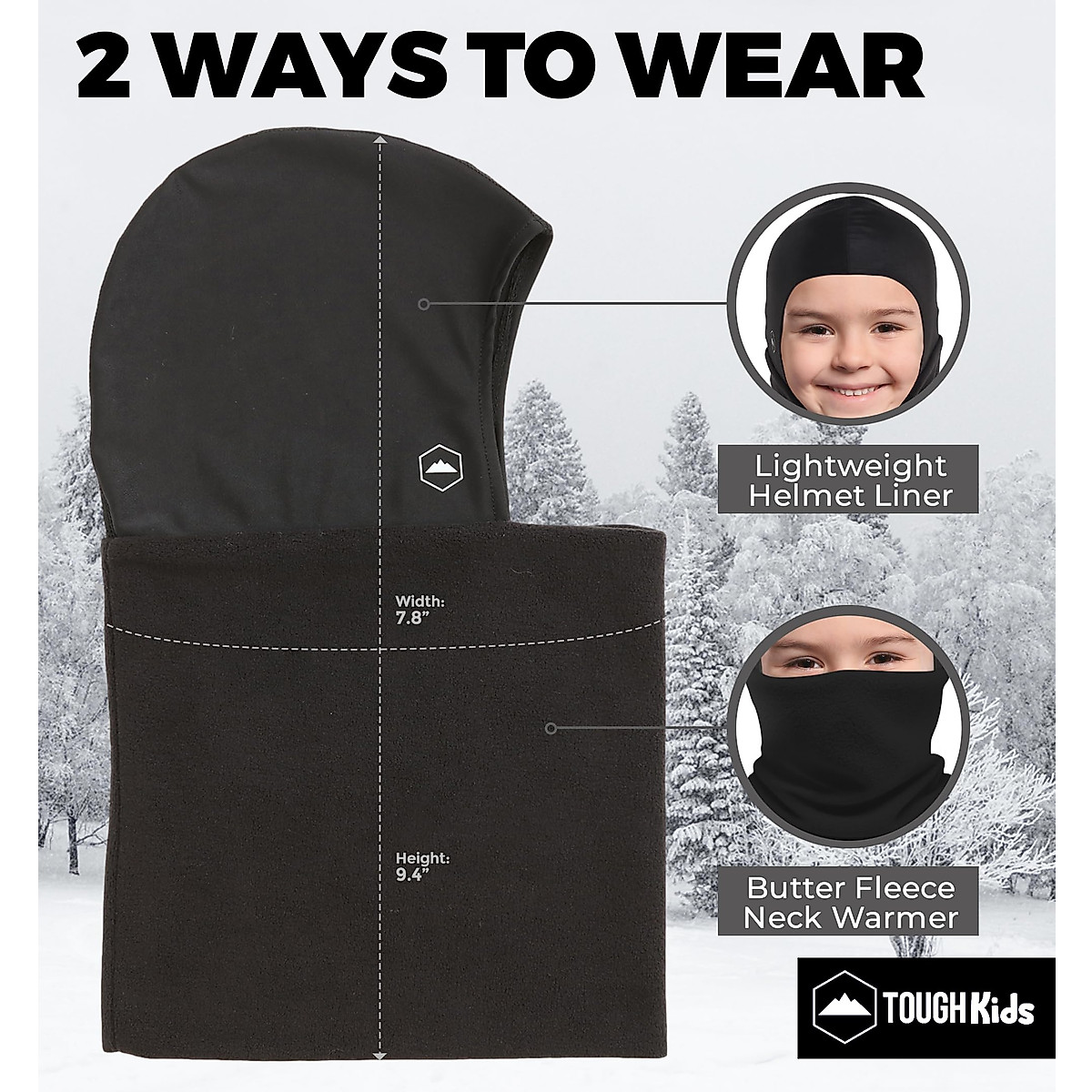 Tough Headwear Ski Mask for Kids - Kids Balaclava, Toddler Neck Warmer, Kids Helmet Liner - Kids Ski Neck Gaiter & Kids Ski Mask Fleece Hood Black