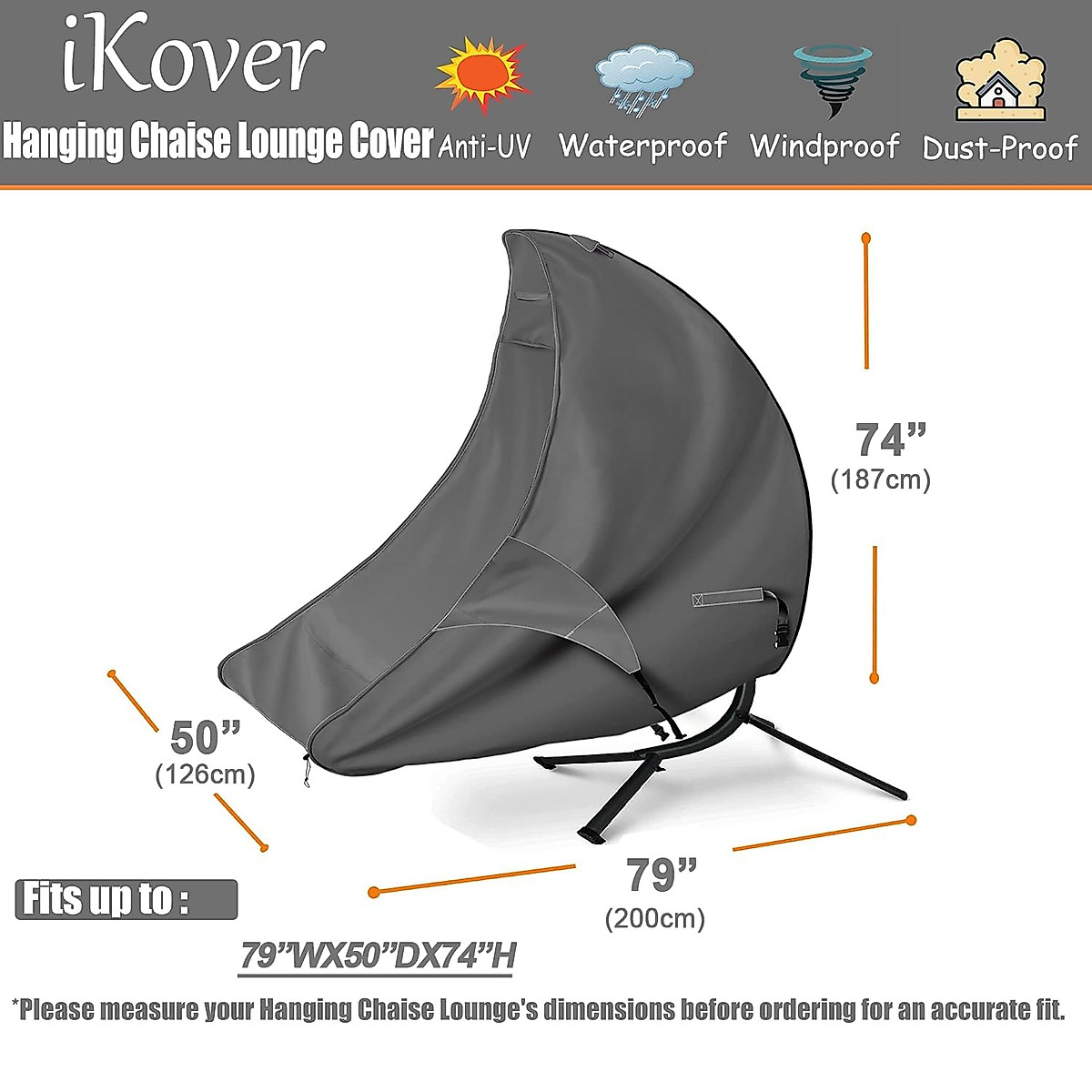 HWmatyCover Patio Hanging Chaise Lounge Cover, Heavy Duty Waterproof 73 Inch Patio Hanging Chair with Stand Cover, Hammock Cover for Outdoors, (79" Wx 50" D x74 H), Grey