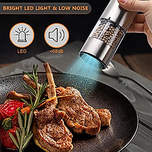 ImgResire Electric Salt and Pepper Grinder Set Battery Operated| Stainless Steel Auto Pepper Mill Grinder Refillable| One Hand Operation| LED Light| Adjustable Coarseness| 2 Pack