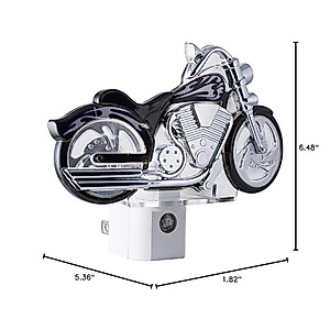 GE LED Motorcycle Night Light, Plug-In, Dusk-to-Dawn Sensor, Auto On/Off, Energy-Efficient, Soft White, Flames & Chrome Design, Ideal for Bedroom, Playroom, Bathroom, & More, Black/Silver, 10904