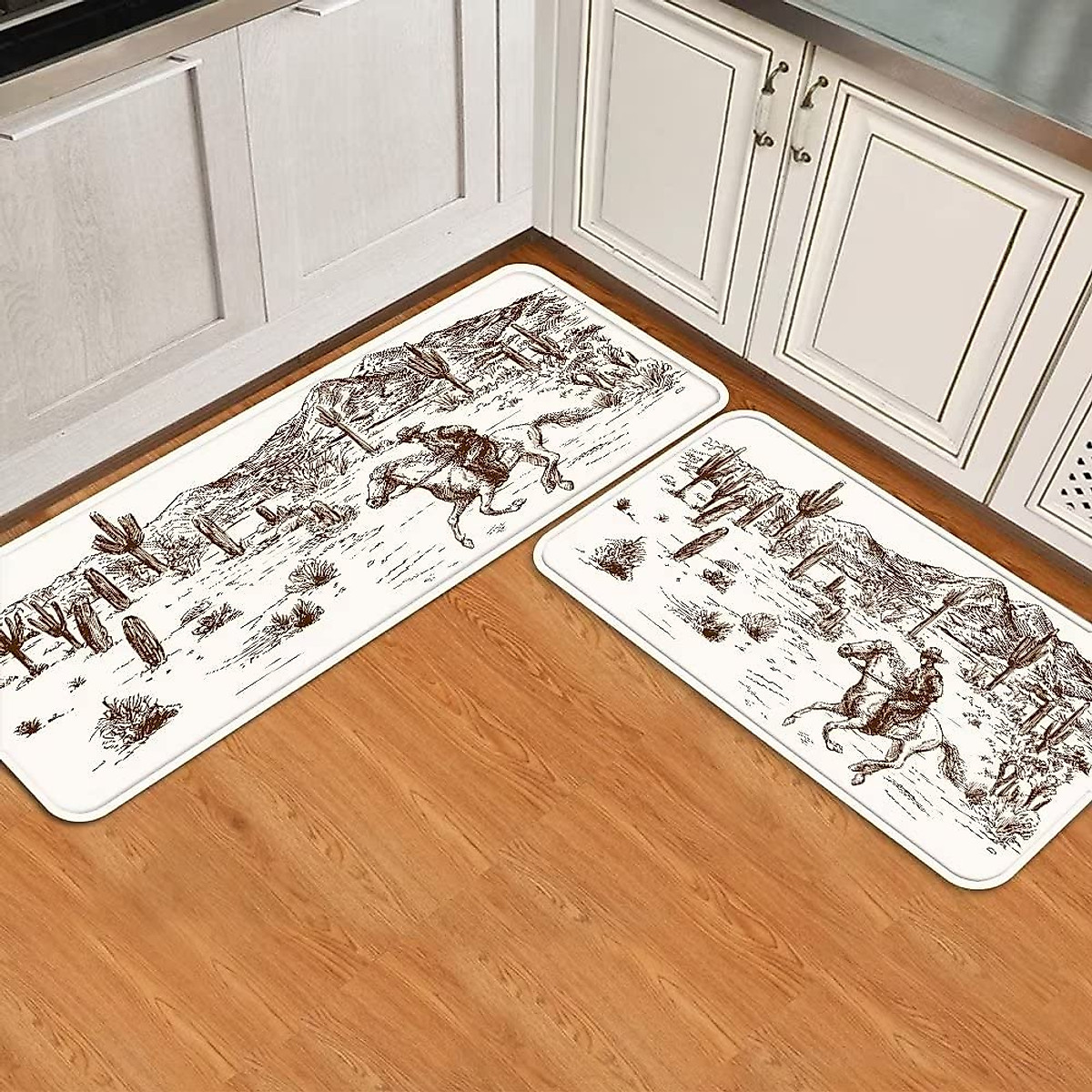 Kitchen Rug Set of 2 Western Country Theme of American Wild West Desert Cowboy Comfort Standing Mat Chef Floor Mats Washable Doormat Anti Fatigue Non-Slip Kitchen Runner Rugs Bedroom Area Carpet