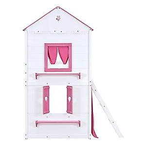 Favfurish Full Size Bunk Wood House Bed with Elegant Windows, Sills and Tent,Castle Design Wooden Bed Frame,w/Safety Guardrails & Ladder,for Kids,Teens,Boys,Girls,Pink+White