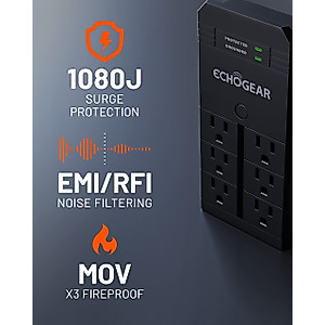 ECHOGEAR Wall Outlet with Surge Protection - Power & Protect 8 Devices with 6 Rotating AC Plugs & 2 USB Ports - Includes 1x USB-C Port & 1x USB-A Port - Black