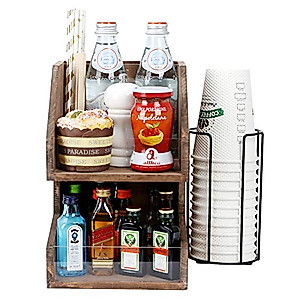 Vencipo 2-Tier Coffee Condiment Organizer with Metal Vertical Coffee Cups Rack, Wooden Counter Top Tea Bag Storage Station for Holds Beverage Bags, Packets, Spices, Pods, Condiment Accessories Holder.