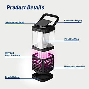 vertmuro Bug Zapper Outdoor, 2-in-1 Portable Mosquito Killer with Lamp, Solar and USB-C Rechargeable Electric Fly Zapper for Camping, Black