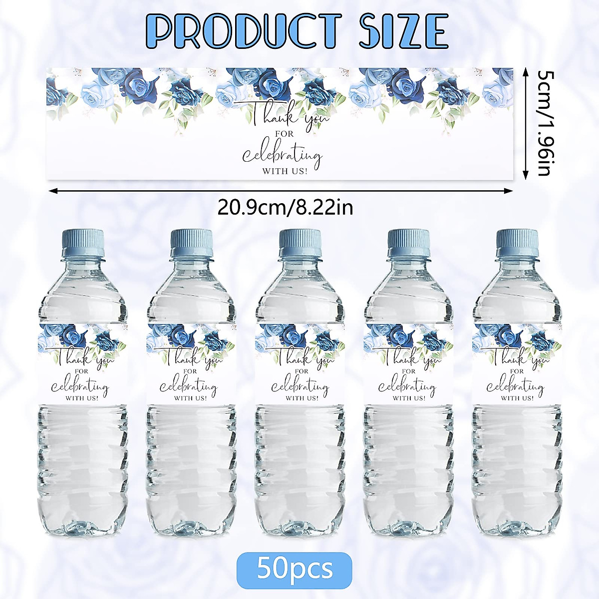 URROMA Wedding Water Bottle Labels, 50 Pcs Thank You White and Blue Rose Water Bottle Wraps Water Bottle Stickers for Birthday Baby Shower