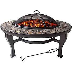 LEAYAN Garden Fire Pit Grill Bowl Grill Barbecue Rack Black Outdoor Fire Pit, Round 34" Natural Slate Top with Spark Screen Cover for Backyard Patio with Cover BBQ Cooking for Camping Backyard