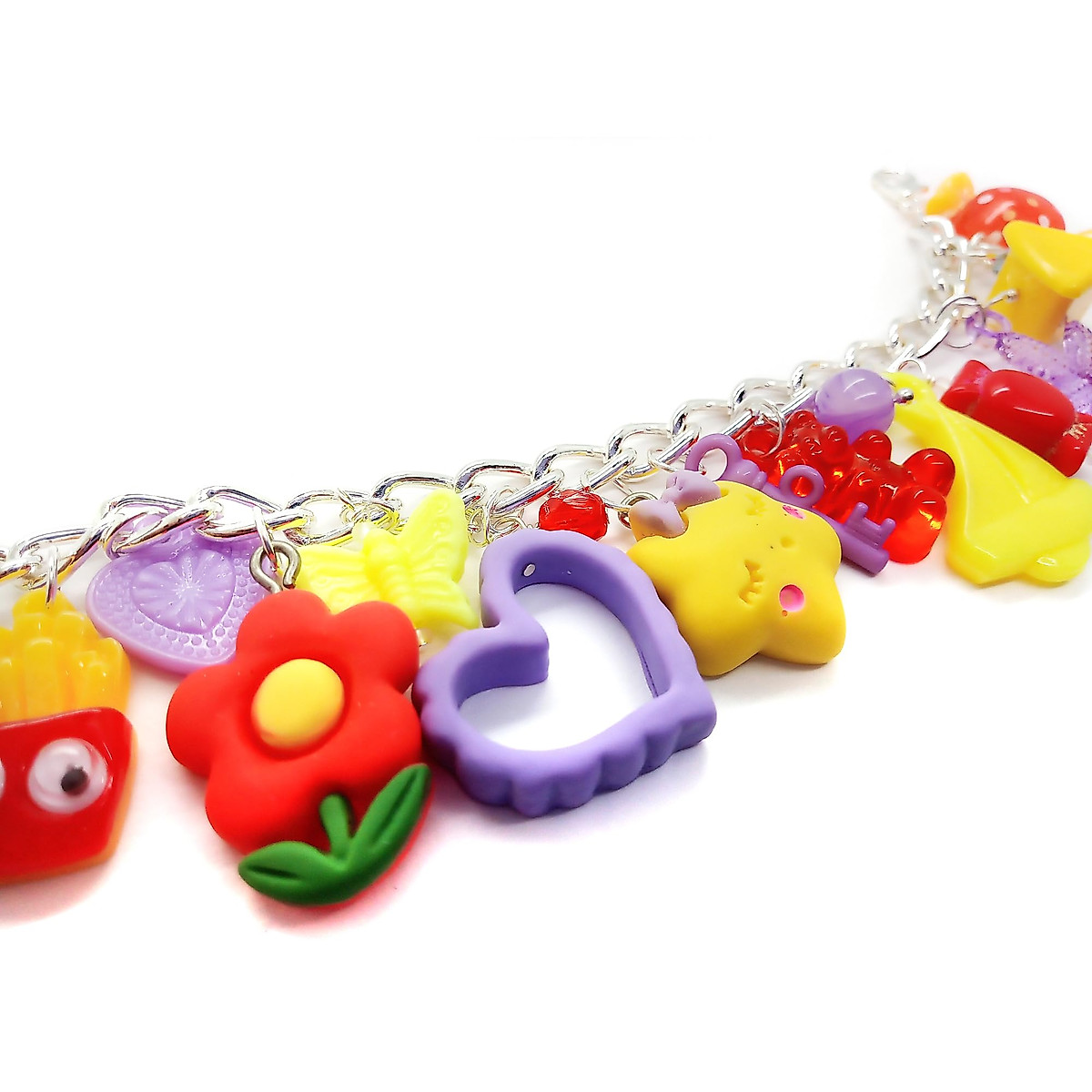 Chunky Charm Bracelet in Red Yellow & Purple, Kawaii Cha Cha Bracelet with Cute Candy Ice Cream Flower and Heart Charms, Adjustable