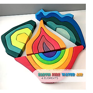 moderngenic 'Four Elements' Rainbow X-Large Rainbow Blocks, Wooden Toys for Kids, Geometric Building Puzzle, Volcano/House Educational Set